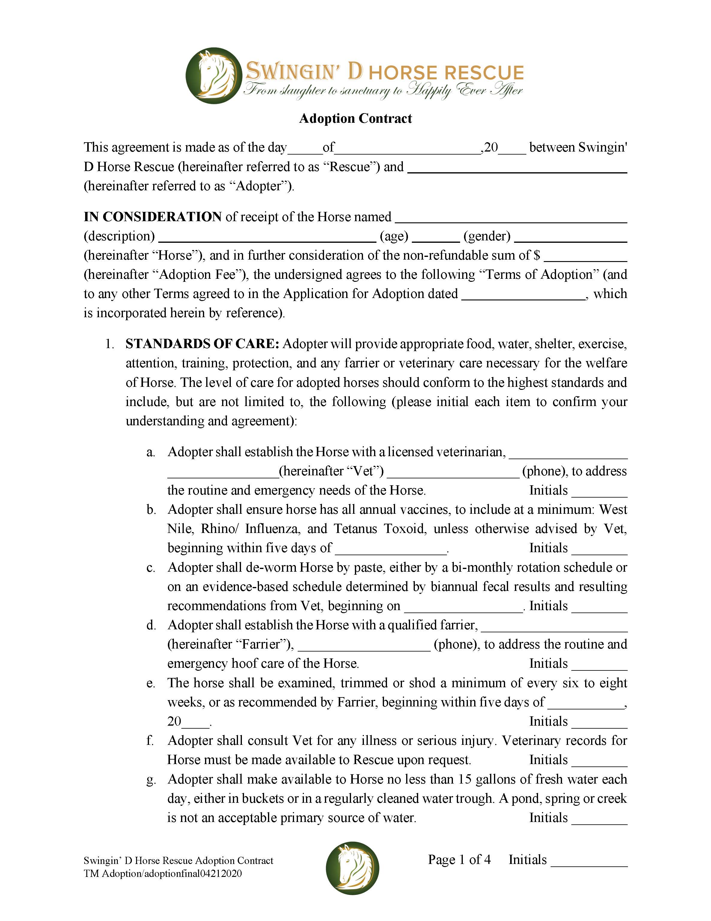 Horse Adoption Contract - Swingin' D Horse Rescue, Coweta, Okla.